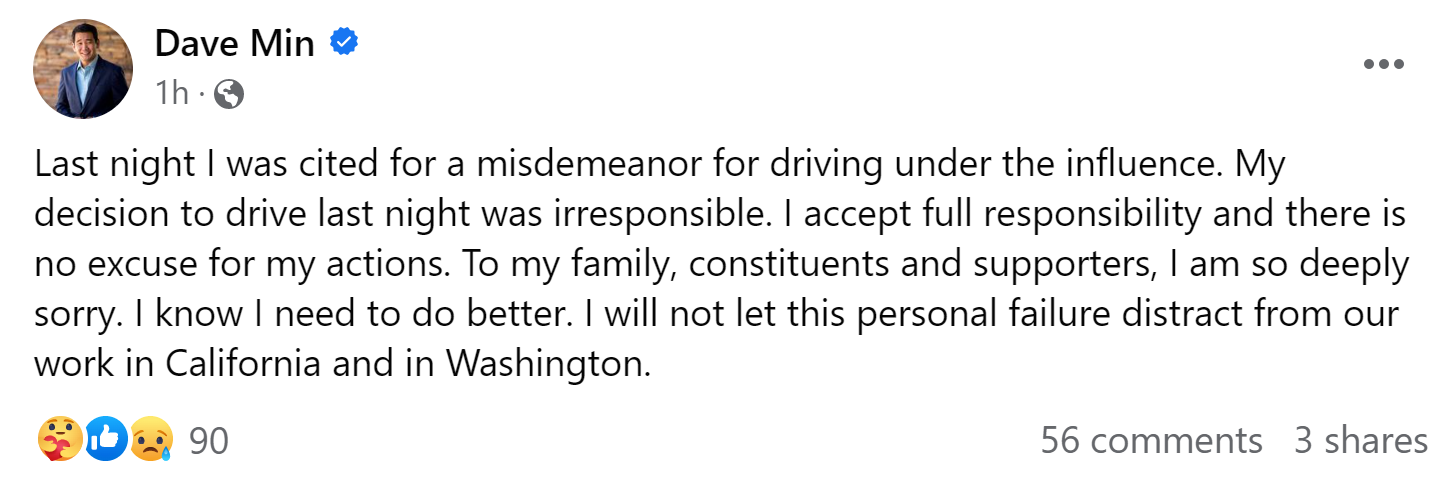 State Senator Dave Min Arrested For Drunk Driving In Sacramento County ...