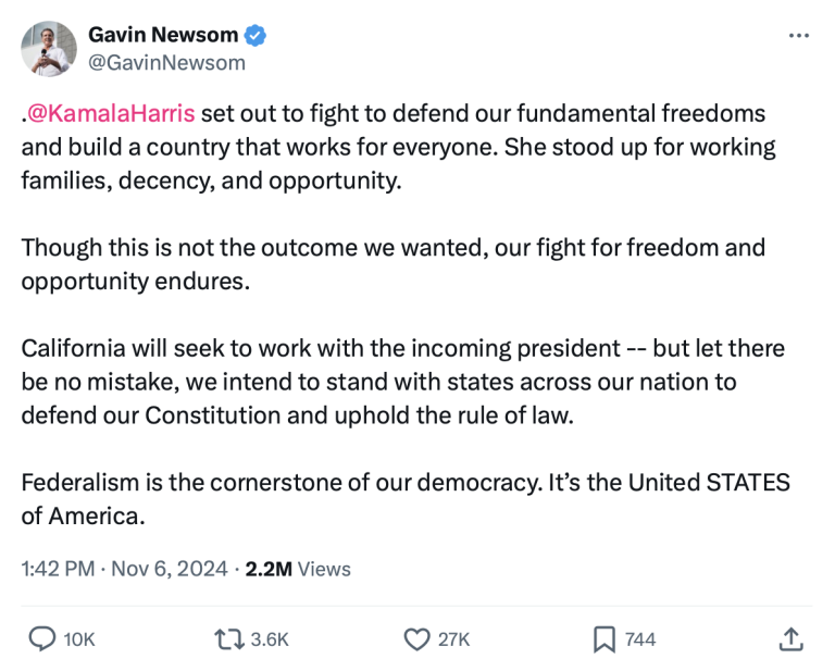 Gov. Gavin Newsom’s First Threatening Message to President-Elect Trump ...