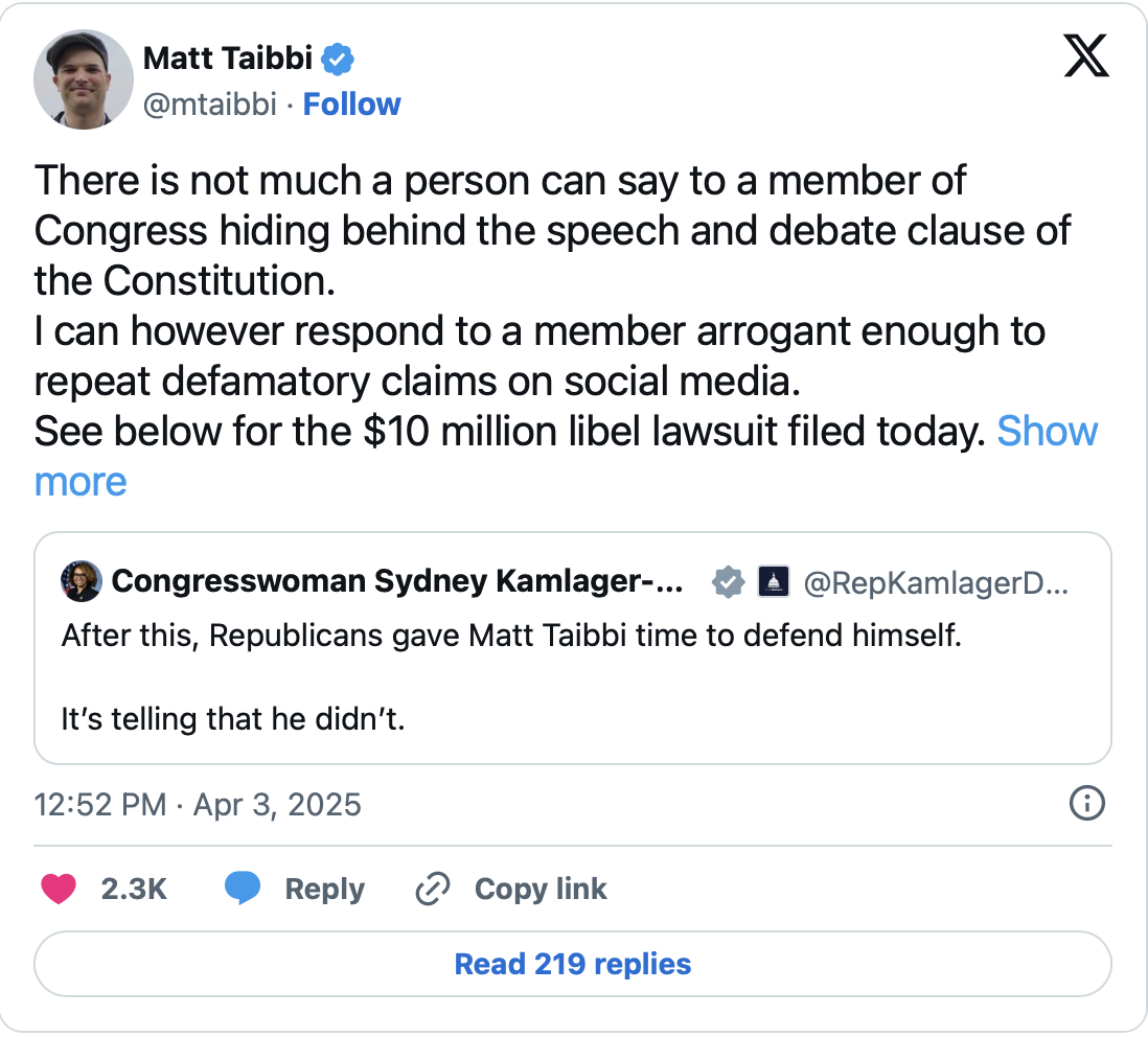 Journalist Matt Taibbi Files $10 Million Libel Lawsuit Against CA Rep ...